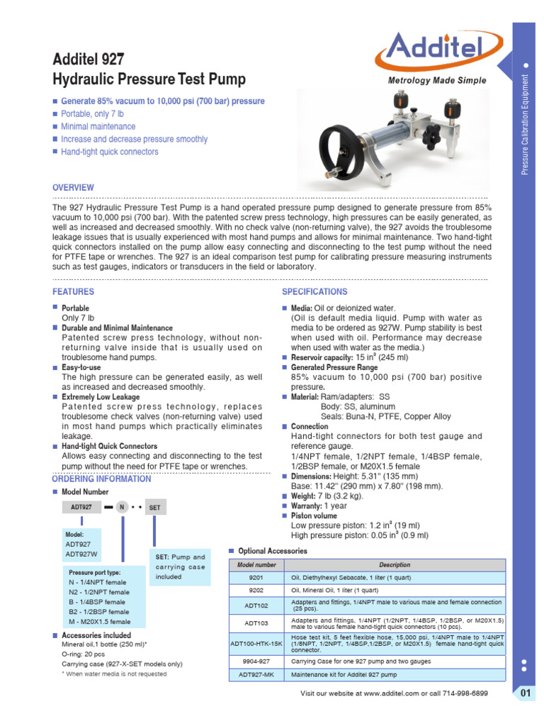 Additel 927 Hydraulic Pressure Test Pump | PDF | Pump | Pressure