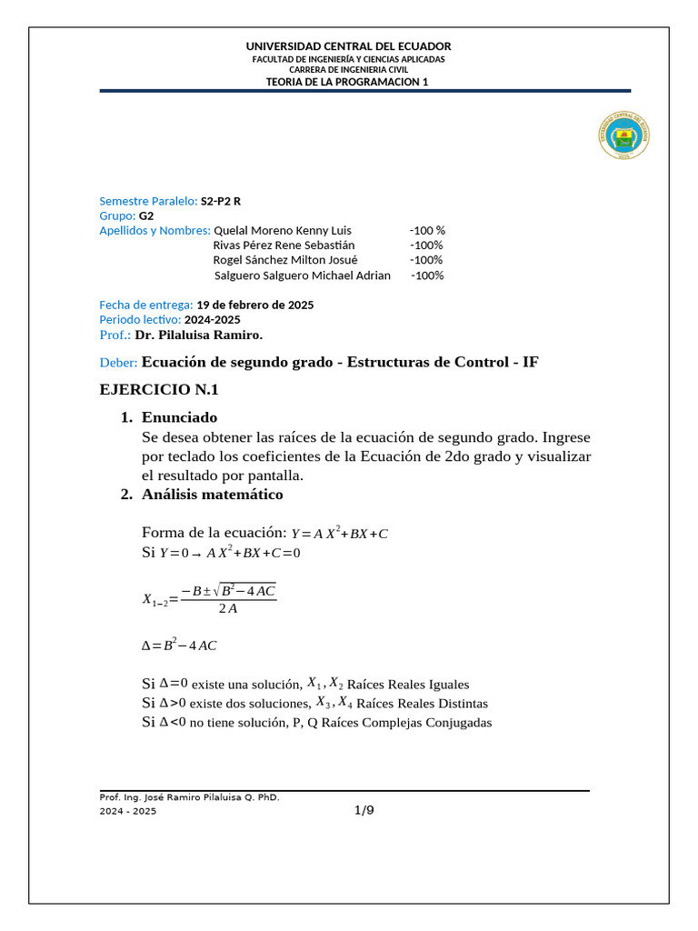 Deber 8 - Ecuacion 2do Grado If | PDF | Ecuaciones | Matemática Elemental