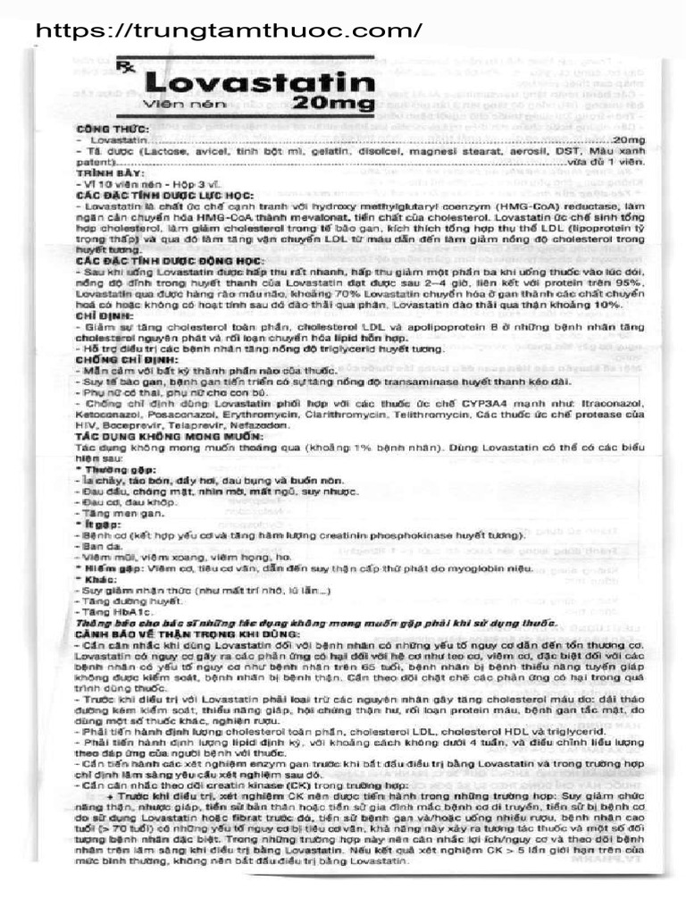 Lovastatin TV Pharm 20mg HDSD | PDF