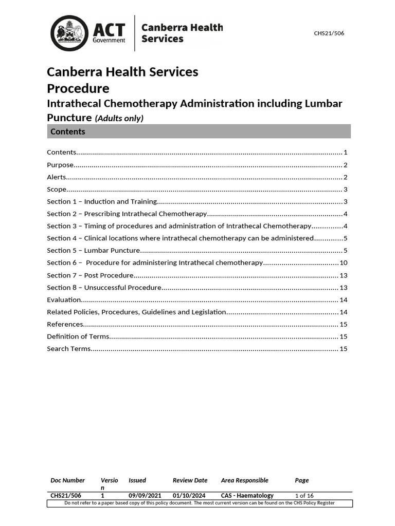 Intrathecal Chemotherapy Guidelines | PDF | Chemotherapy | Medical ...