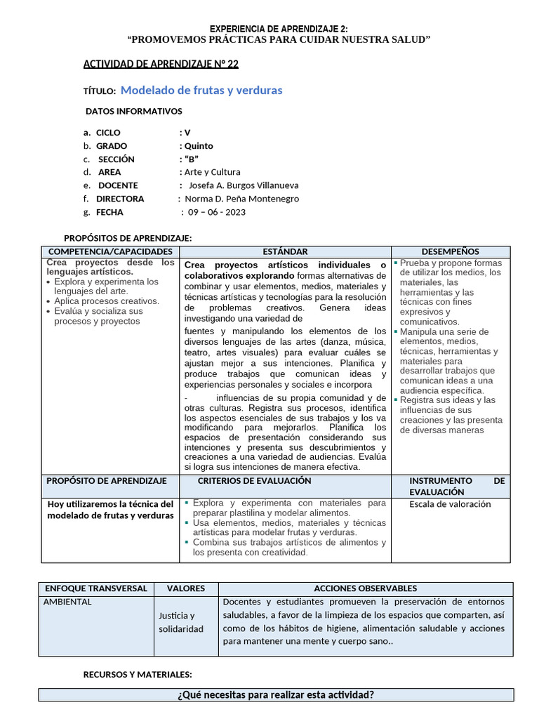 ACTIV. 22 (A y C) 09-06 - 2023 | PDF | Aprendizaje | Vegetales