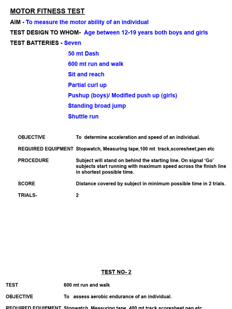 Motor Fitness Test For All Items | PDF