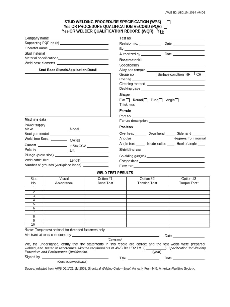 b2.1 b2.1m 2014 Amd1 Stud Welding Wps PQR or WQR Form | PDF | Welding ...