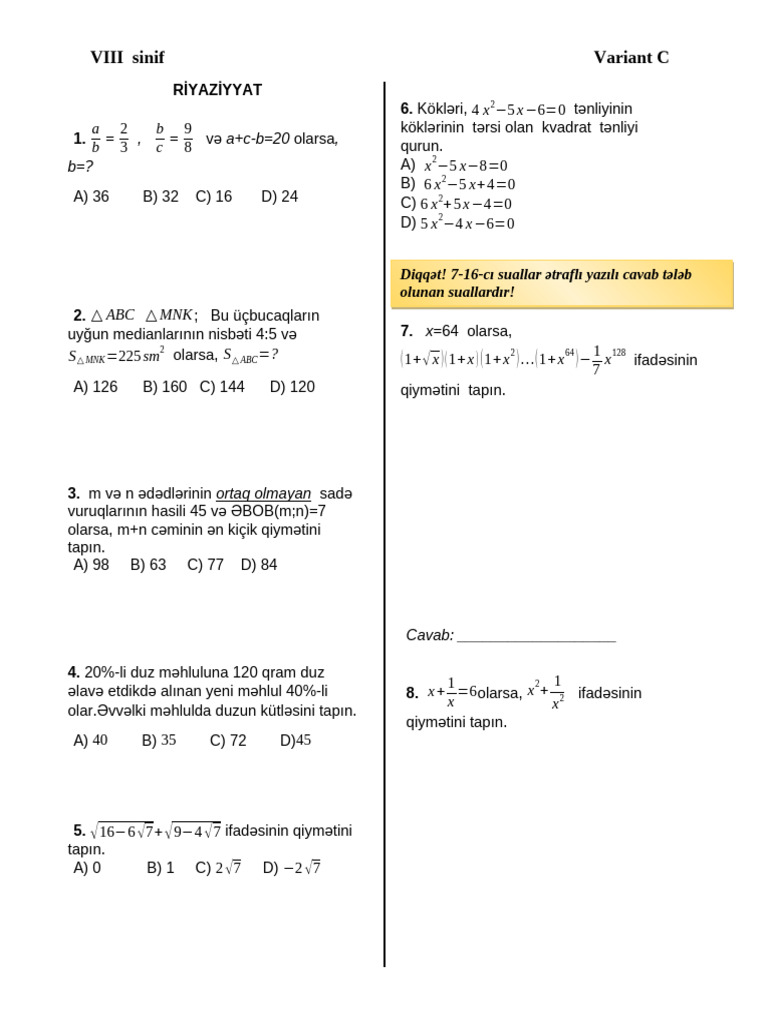 monitorinq sualları 8 ci sinif C variantı | PDF