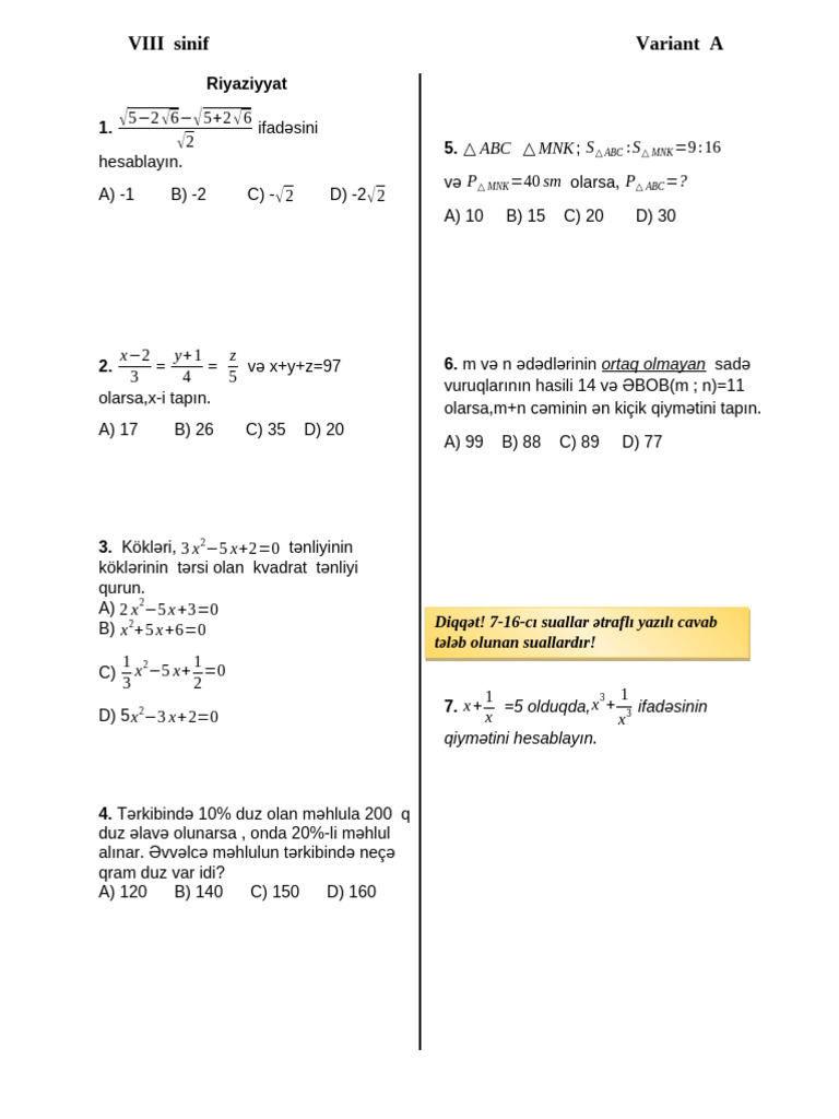 Monitorinq Sualları 8 Ci Sinif A Variantı | PDF