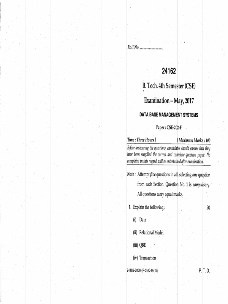 Btech Cse 4 Sem Database Management Systems 24162 May 2017 | PDF