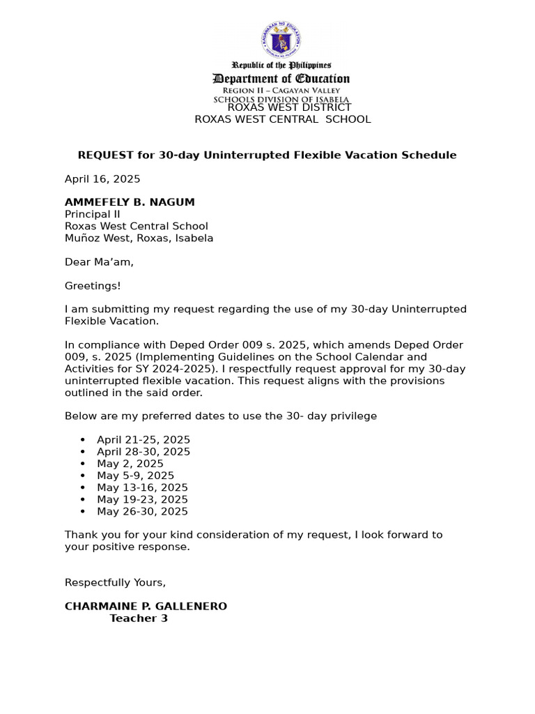 Request for 30-Day Flexible Vacation | PDF