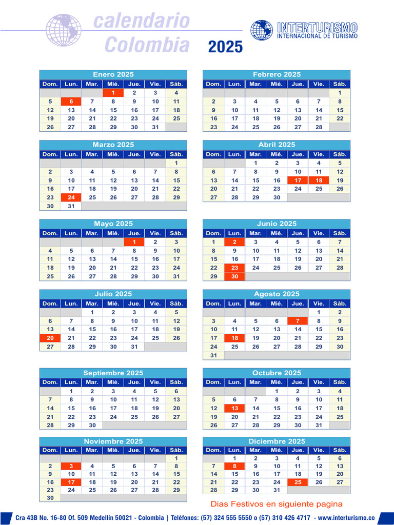 Calendario Colombia 2025 con Festivos | PDF | Calendario | Fiestas ...