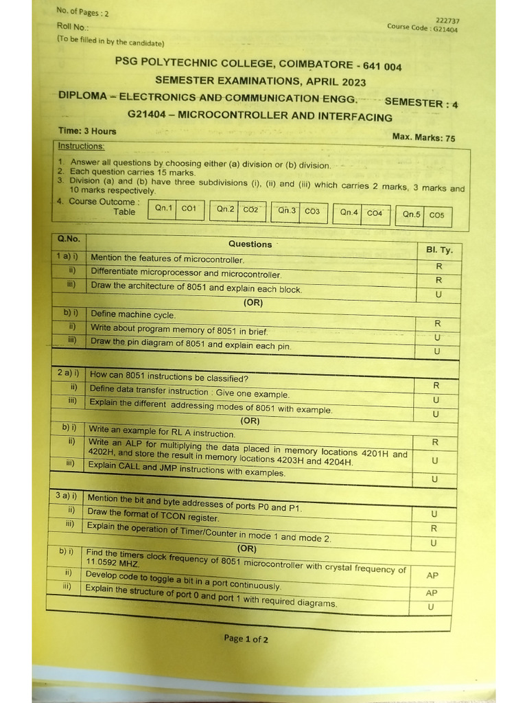 Microcontroller and Interfacing QP | PDF