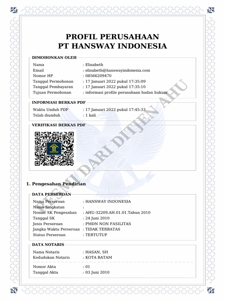 Dirjen AHU Profil Perseroan Hansway Indonesia | PDF