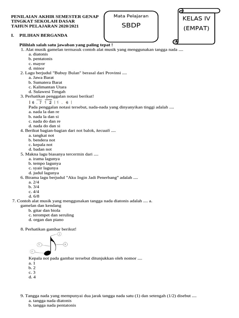 Penilaian Akhir SBDP Kelas IV | PDF