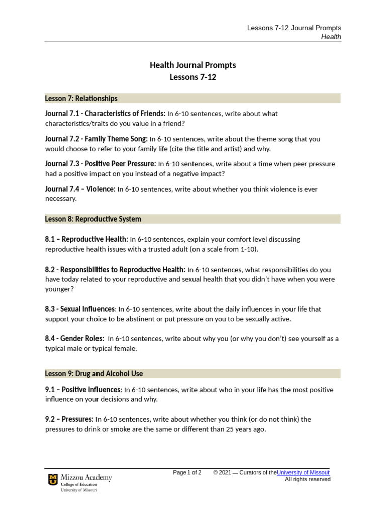 Health Journal Prompts 2024 Lessons 7 12-2 | PDF | Environmental Health