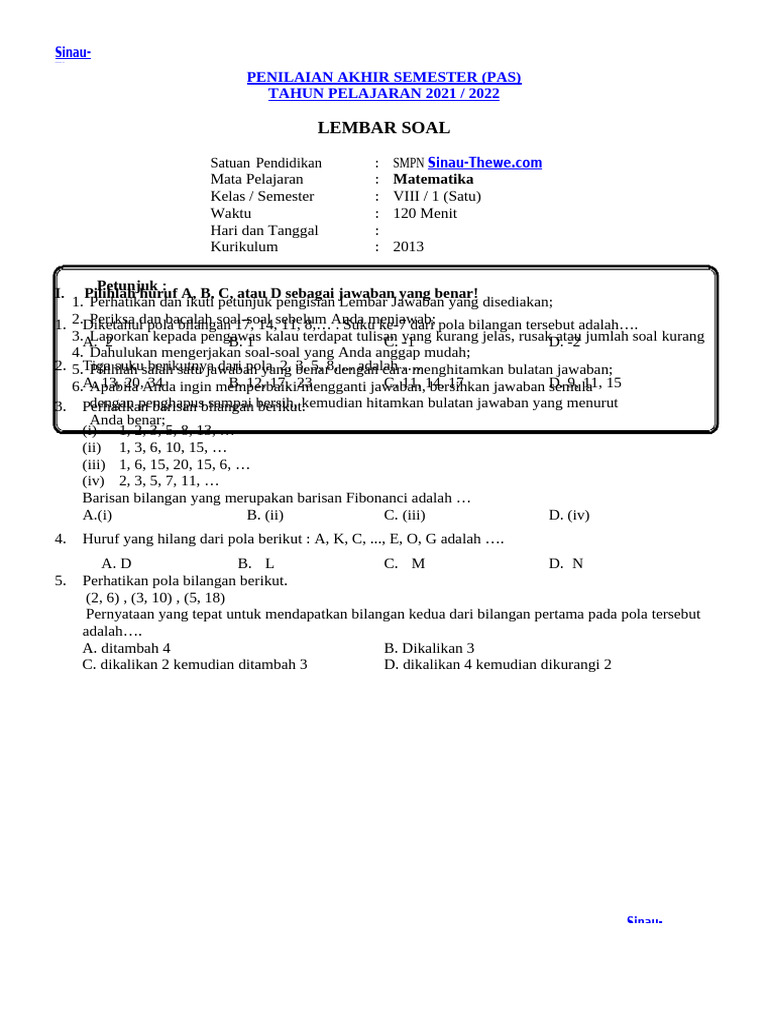 Soal Pas MTK KLS 8 K13 | PDF