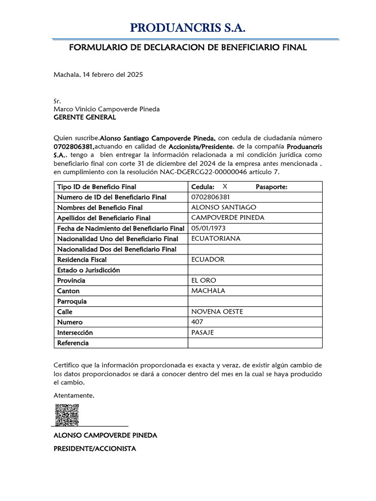 FORMULARIO DE DECLARACION DE BENEFICIARIO FINAL SUPER-signed | PDF