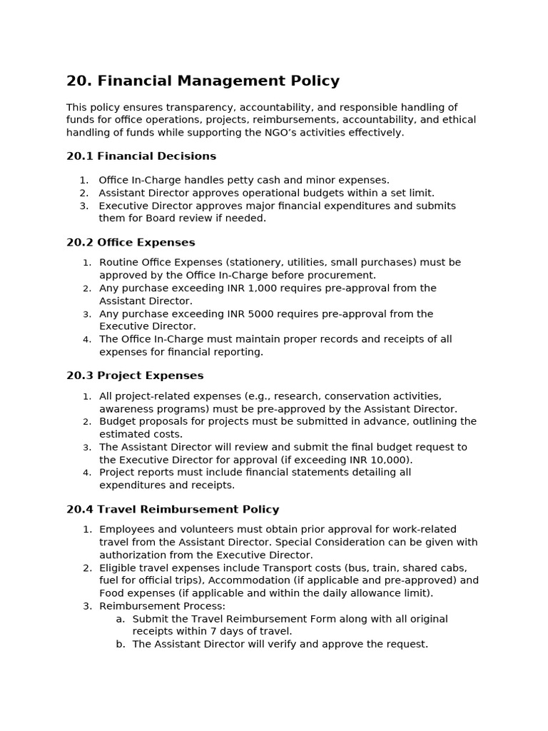NGO Financial Management Policy | PDF | Expense | Reimbursement