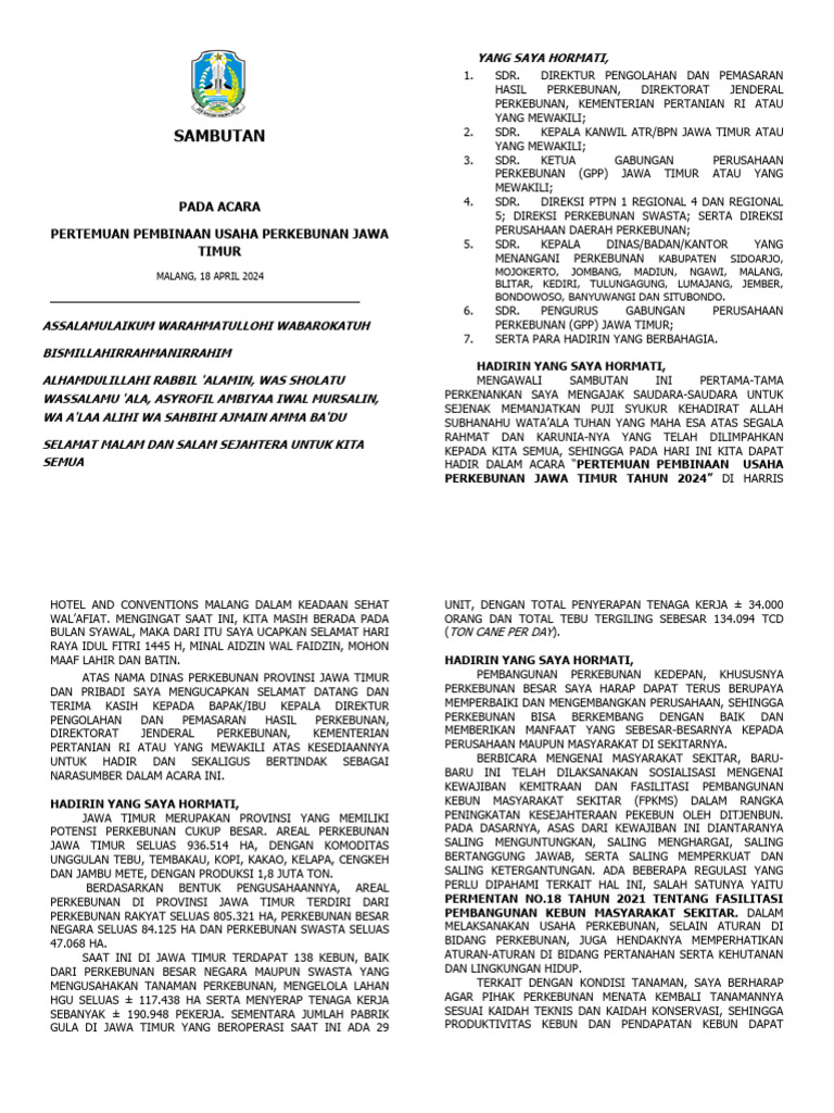 Sambutan Kepala Dinas pada Pertemuan GPP Disbun 2024 | PDF