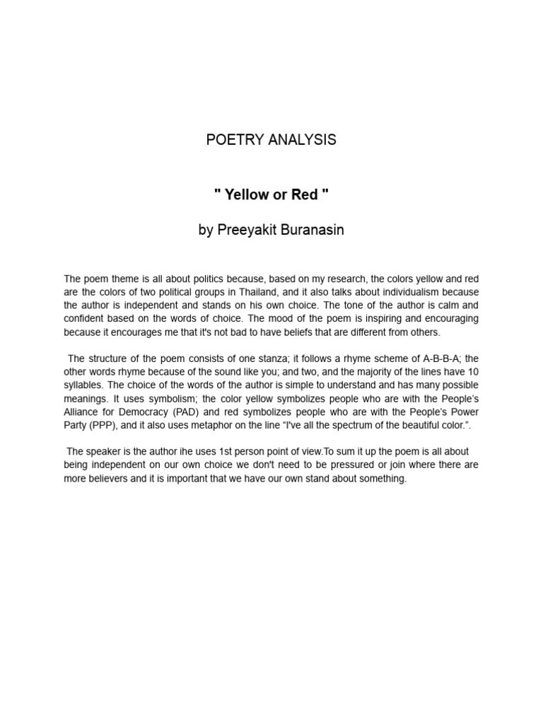 Yellow or Red Poetry Analysis | PDF