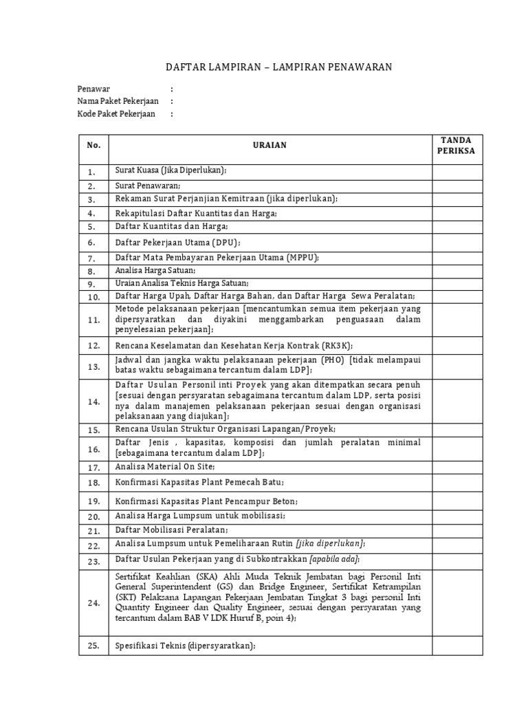 Daftar Lampiran Penawaran Proyek | PDF