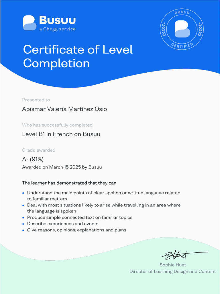 Busuu B1 French Certificate Awarded | PDF