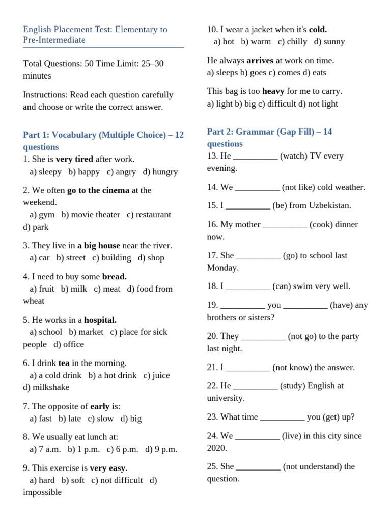 English Placement Test: A Guide | PDF