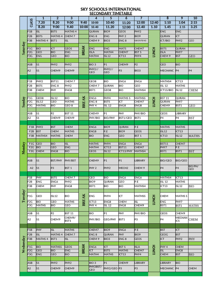 Sky Schools International Timetable | PDF