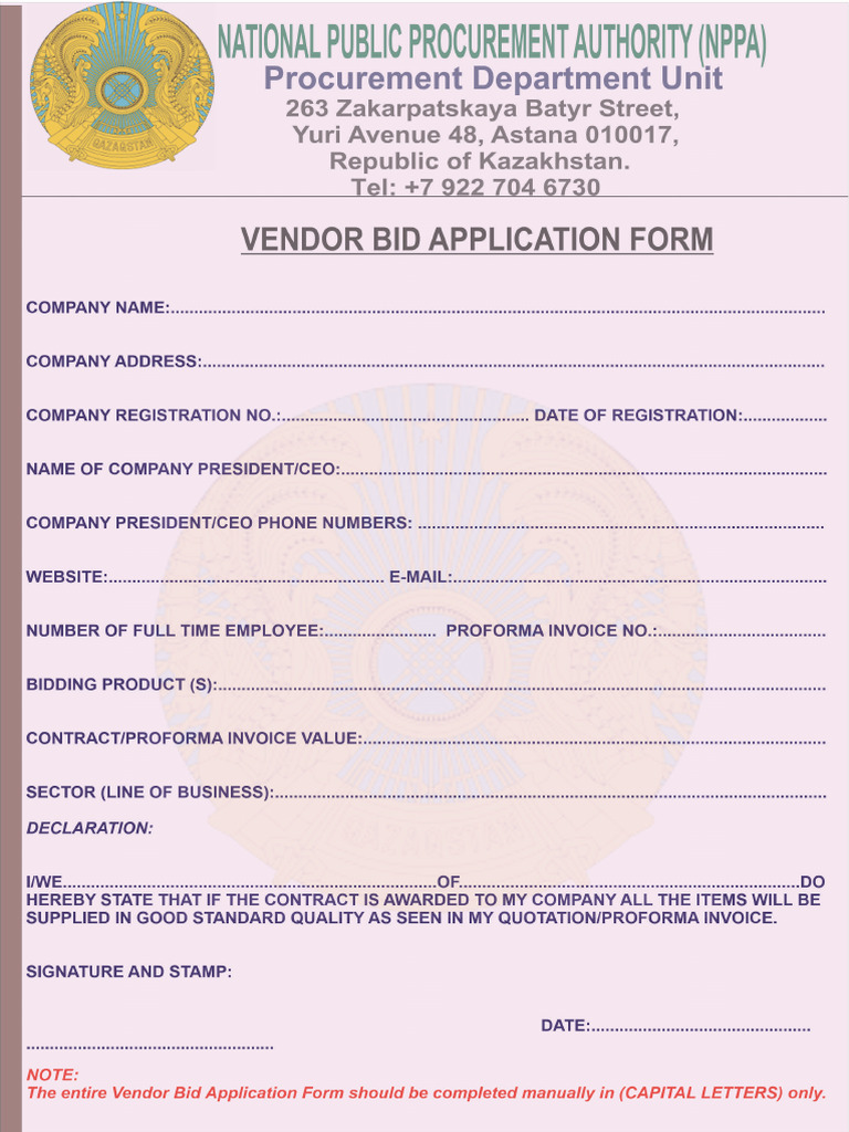 Nppa Vendor Bid Application Form | PDF
