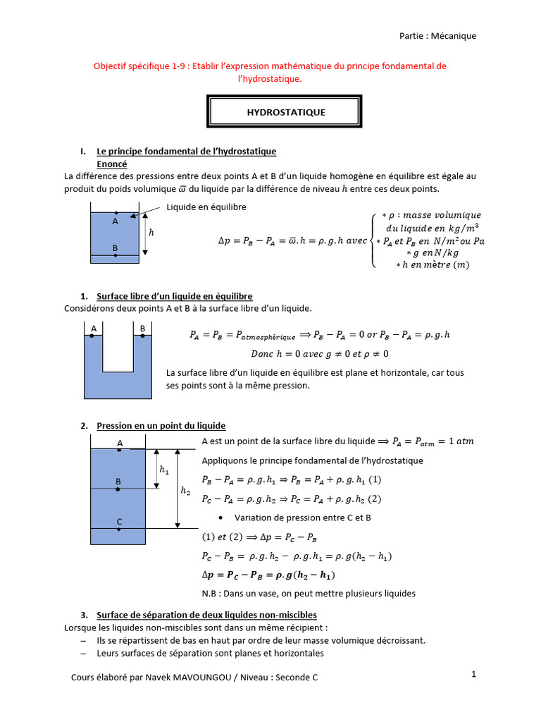 Hydrostatique | PDF | Pression | Physique appliquée et interdisciplinaire