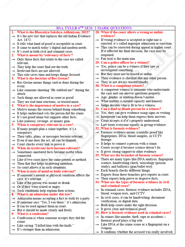 Bsa Tyllb 6th Sem 2mark Que | PDF | Evidence (Law) | Forensic Science