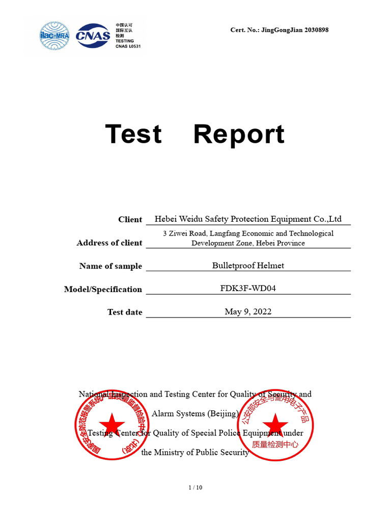 Aramid Ballistic Helmet Test Report GA3 NIJ IIIA++ Polas 2 | PDF ...