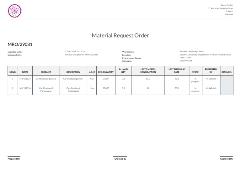 Material Request Order - 2025-04-22T112837.732 | PDF