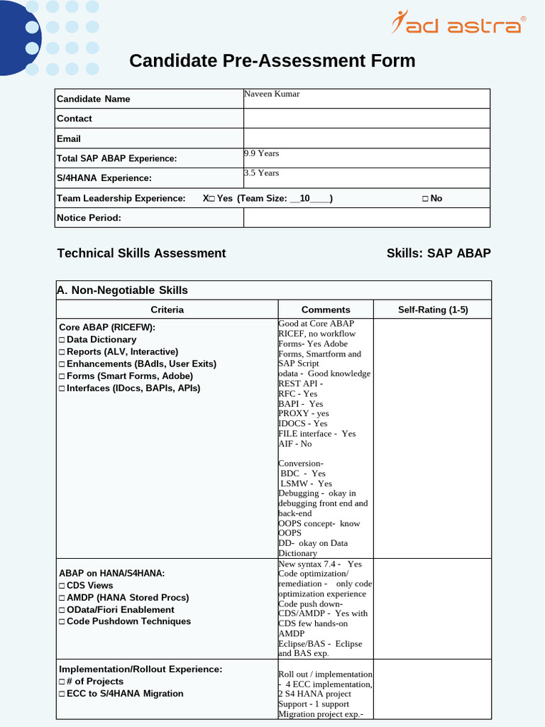 Candidate Assessment Form SAP-ABAP Naveen Kumar | PDF | Eclipse ...