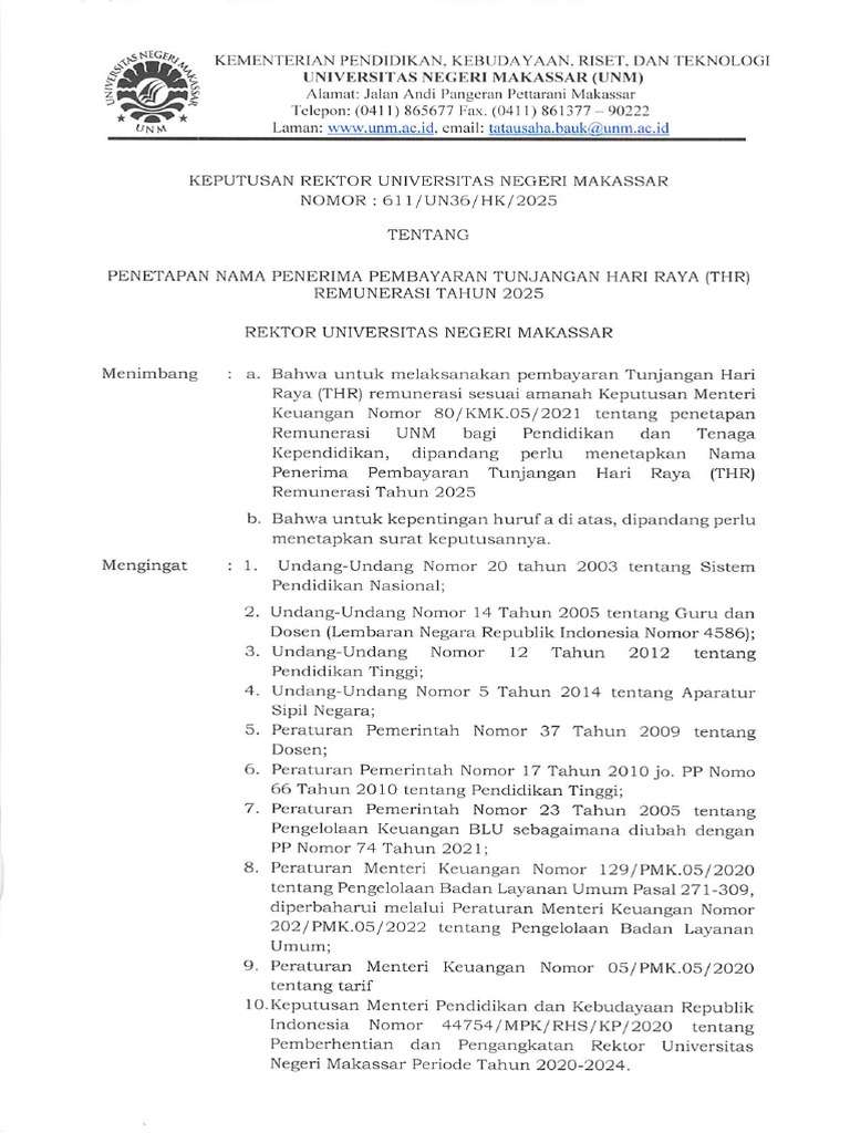 SK Pembayaran THR Remunerasi Tahun 2025 | PDF