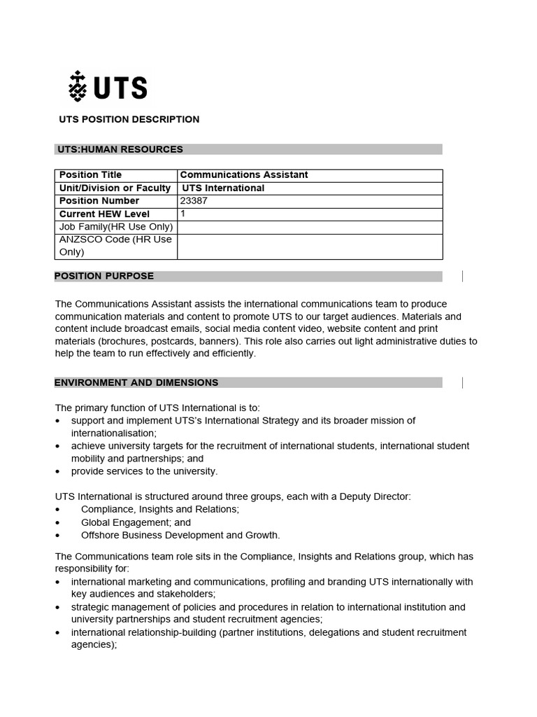 UTS Communications Assistant Role Overview | PDF | Regulatory ...
