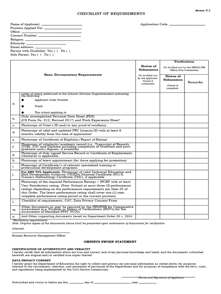 Checklist of Requirements Annex C-1 | PDF