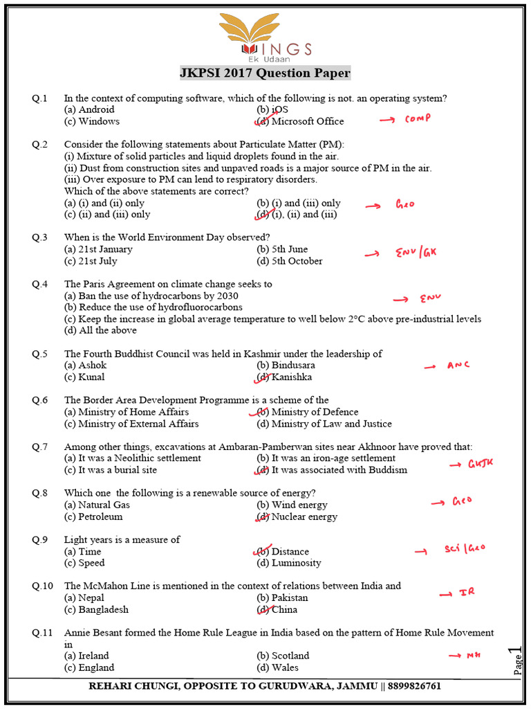 JKPSI 2017 Question Paper | PDF | Government Of India