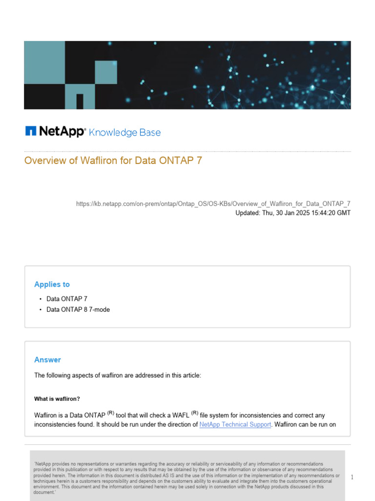 Overview of Wafliron For Data ONTAP 7 | PDF | Software | Operating System Technology