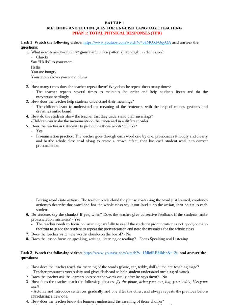 TPR and TBL in English Teaching Methods | PDF | Learning ...