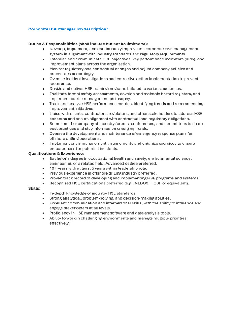 Corporate HSE Manager Job Description | PDF | Safety | Occupational ...