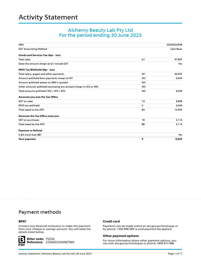 BAS Statement Alchemy Beauty Lab 01 April 2023 30 June 2023 | PDF ...