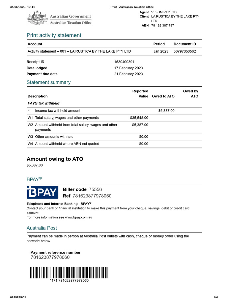 BAS Statement La Rustica January 2023 | PDF | Payments | Taxes