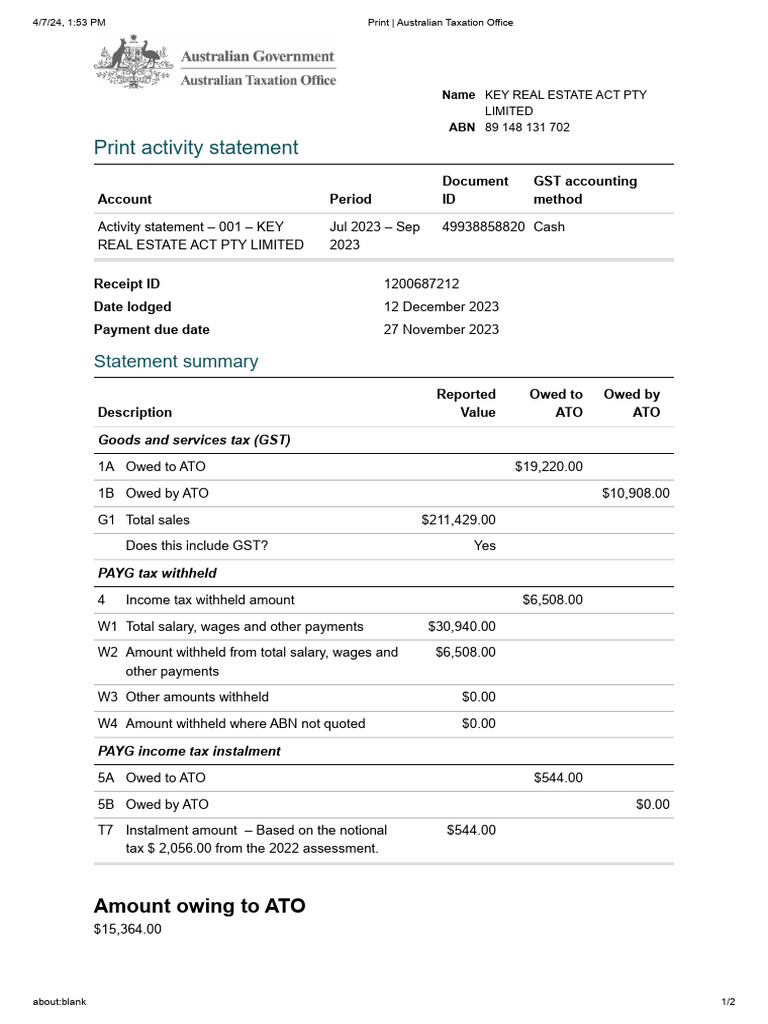 Activity Statement 001 Summary for ATO | PDF | Payments | Taxes