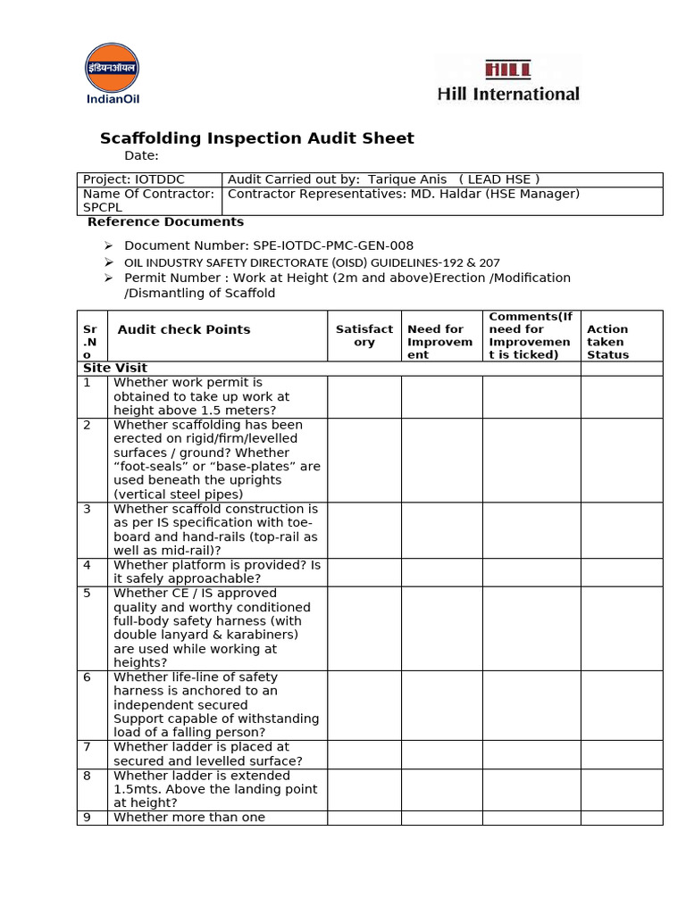 Scaffolding Audit Sheet (2) | PDF | Scaffolding