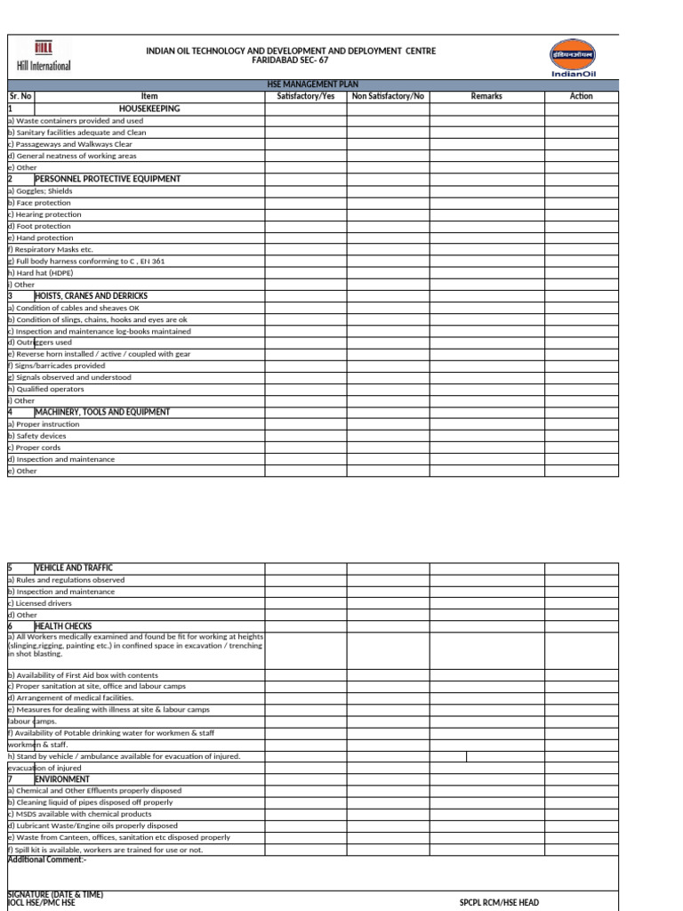 General HSE Audit Sheet | PDF | Sanitation