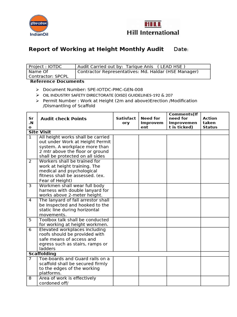 Working at Height Audit Sheet | PDF | Scaffolding | Safety