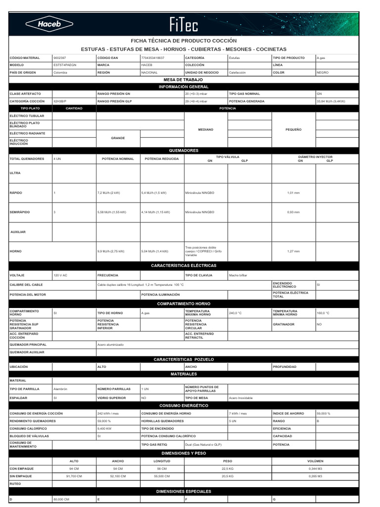 Ficha Tecnica Estufa Romero 50 T Ne Gas Natural | PDF | Poder (Física) | Metrología