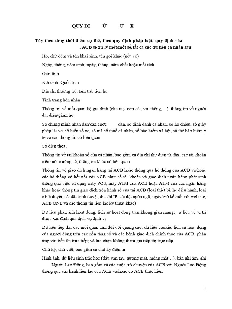 ACB Quy-Dinh-Xu-Ly-Du-Lieu-Ca-Nhan | PDF