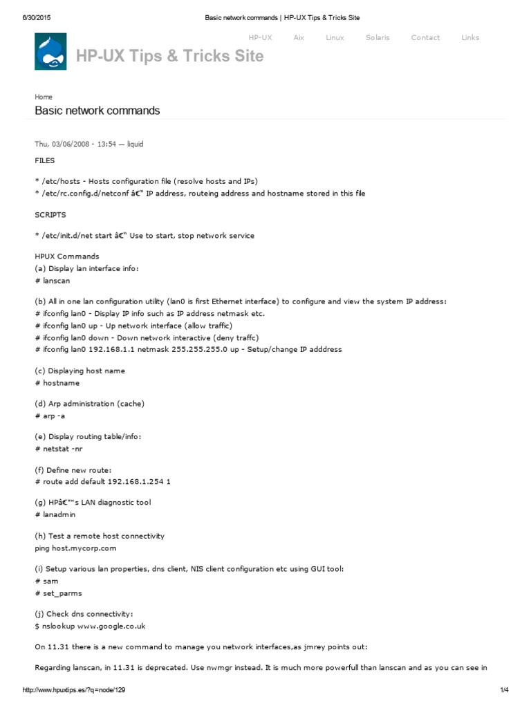 Basic Network Commands - HP-UX Tips & Tricks Site | PDF | Data Transmission | Internet Architecture