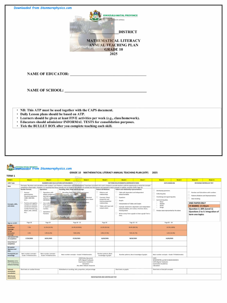 KZN Maths Literacy Grade 10 ATP 2025 | PDF