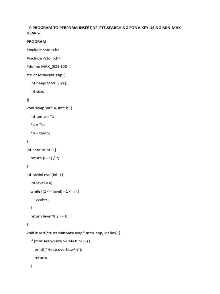 4. MIN-MAX HEAP(INSERT,DEL,SEARCH) | PDF | Algorithms And Data Structures | Computer Programming