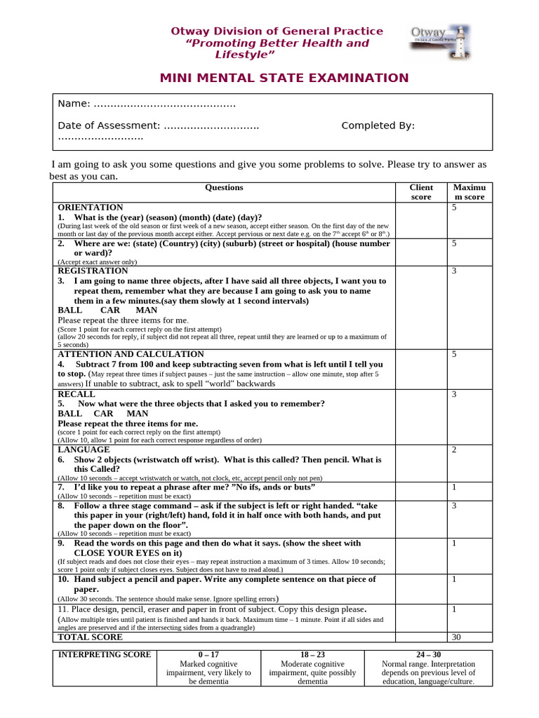 Mini Mental State Examination | PDF | Cognitive Psychology | Neuroscience